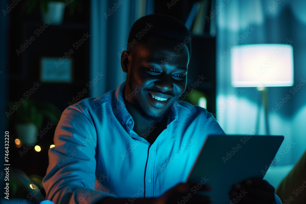 An elated young man engages with a tablet, his face lit by the screen's ...