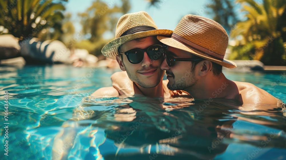 Gay couple wearing sunglasses relaxing in swimming pool or in a sea ...