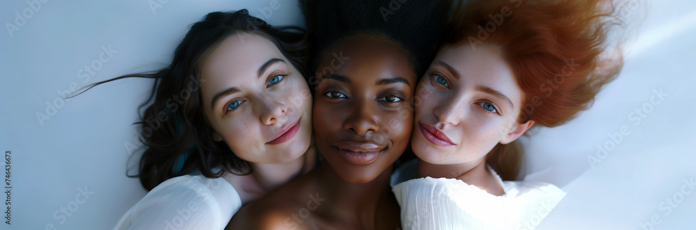 Closeup of three glamorous beauty models with diverse skin tones and ...