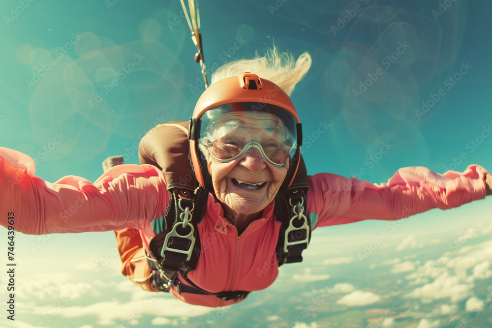An old, elderly woman jumps from the parachute of an aeroplane and ...