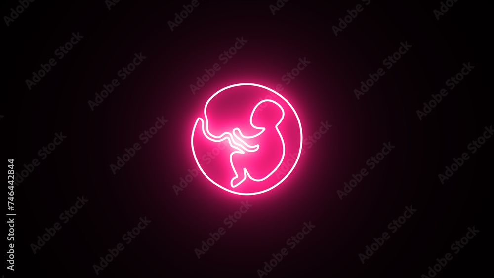 Glowing baby and a placenta in the womb. Bright neon fetus baby icon. A ...