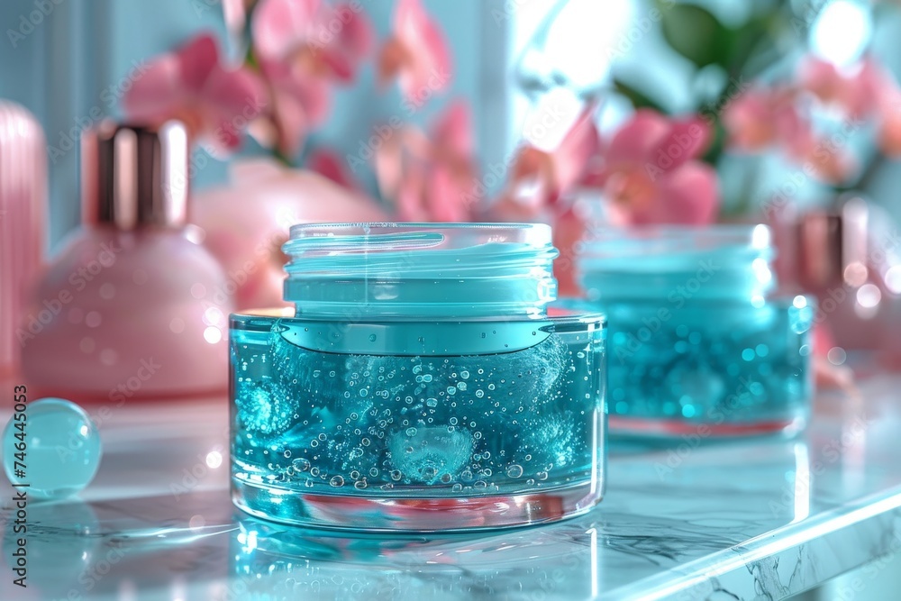 Facial teenage skin care cream. Skincare treatment products: eucalyptus ...