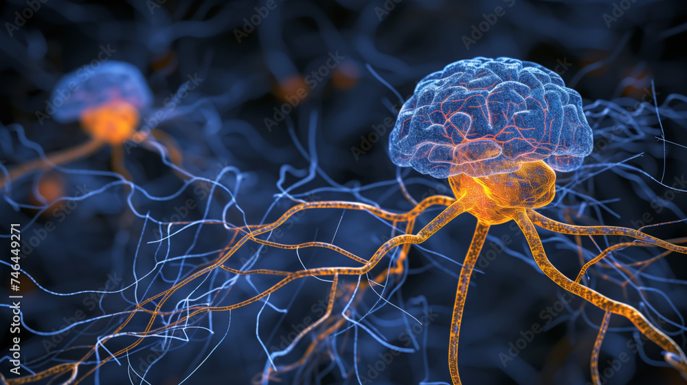 The human nervous system on the 3D Renderer, neon glow body outline ...