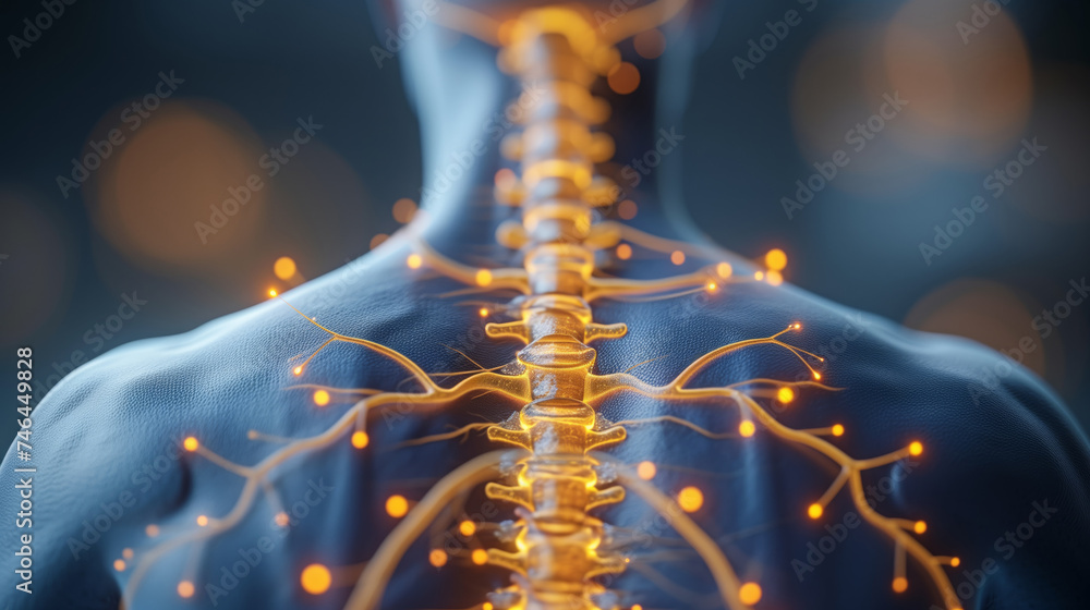 The human nervous system on the 3D Renderer, neon glow body outline ...