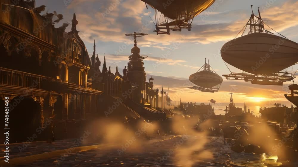 Majestic airships float above a golden-lit steampunk metropolis. Ornate ...