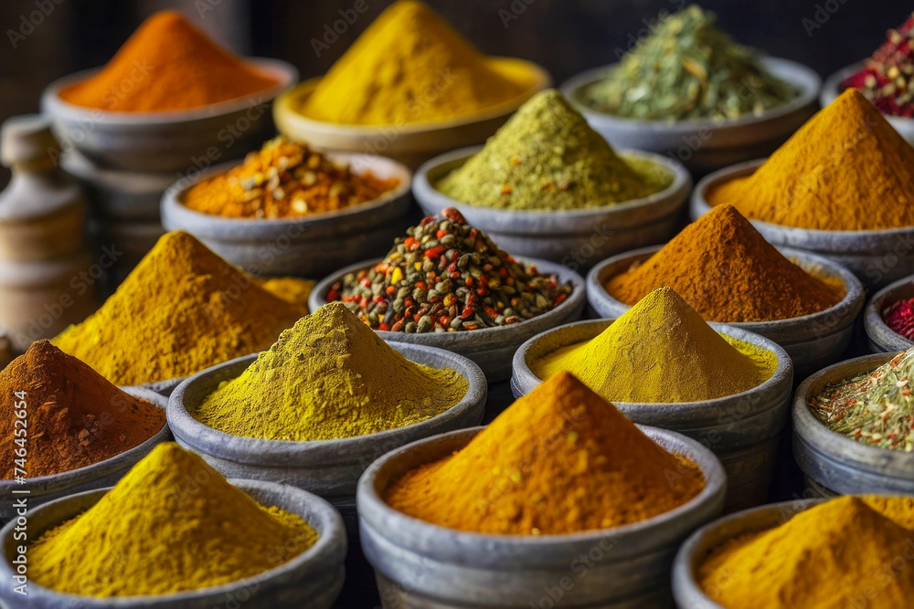 Eastern local market, piles of colorful aromatic spices. Ceramic pots ...