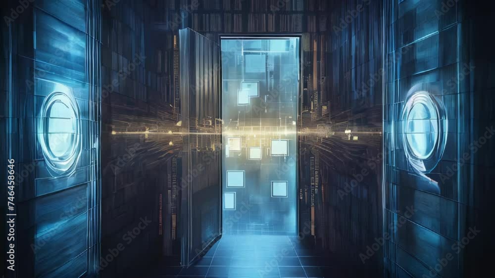 A tranquil space unfolds in a futuristic-designed server room, where ...