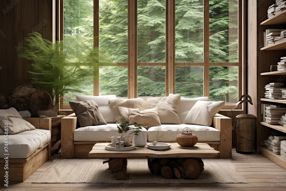 Rustic Biophilic Living Room: Wooden Coffee Table & Big Windows ...