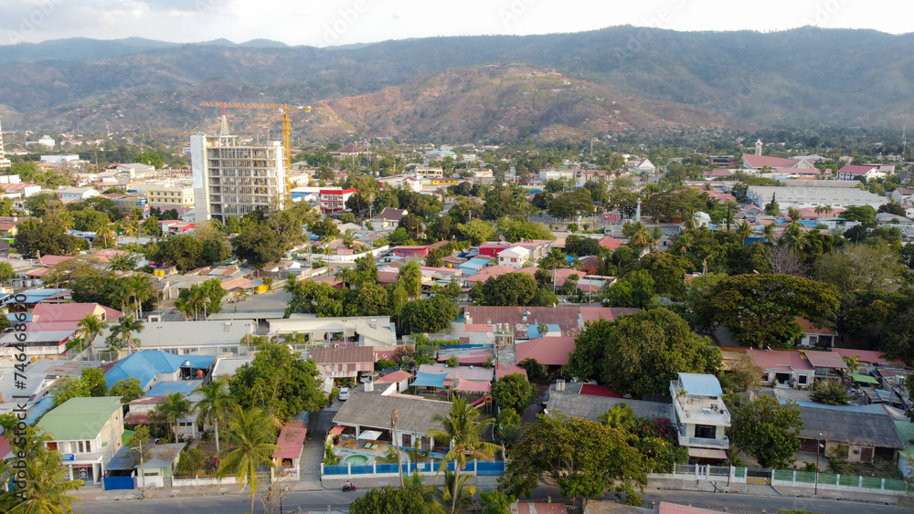 Aerial drone scenic view of the capital city of Dili, Timor-Leste in ...