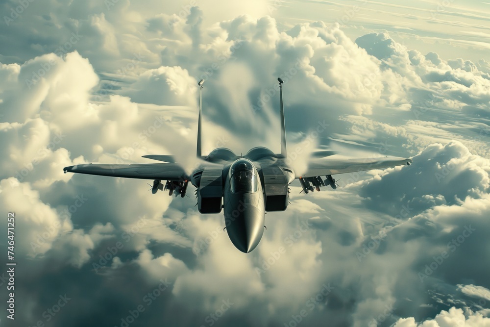 Front view of a fighter jet flying amidst fluffy white clouds in a blue ...