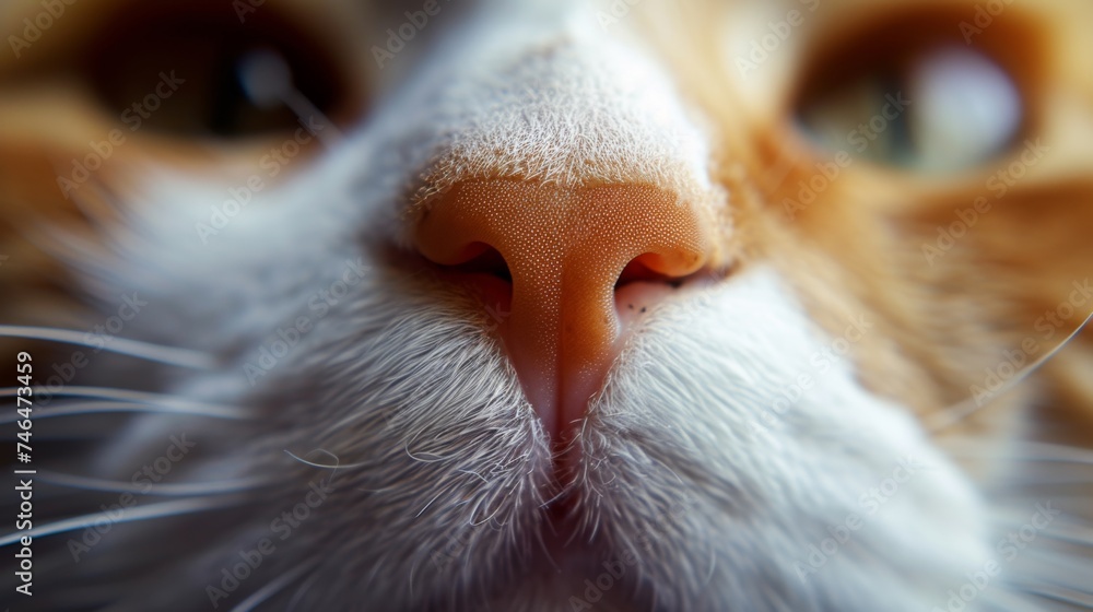 A close-up photo of a ginger cats nose and whiskers. The cat has soft ...