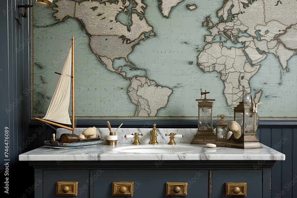 Nautical Bathroom interiors: Maritime Map Wallpaper and Ship Model ...