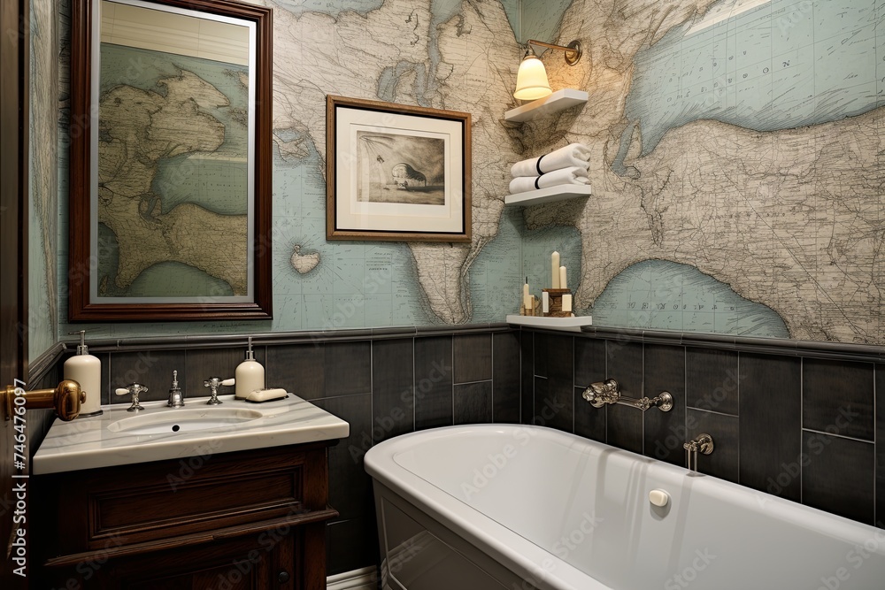 Nautical Bathroom Interiors: Maritime Map Wallpaper with Ship Model ...