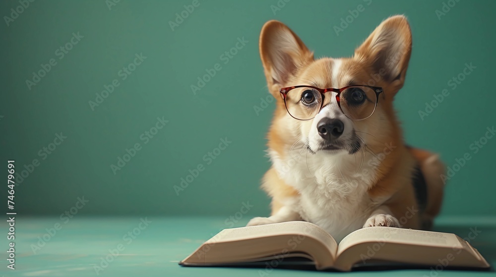 Studious Corgi Dog Wearing Glasses Focused On An Open Book. Back to ...