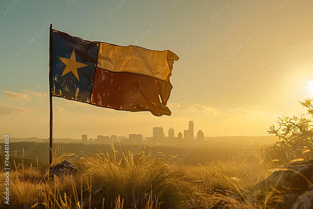 Texas flag waving due to wind. Austin city in the background. Austin ...