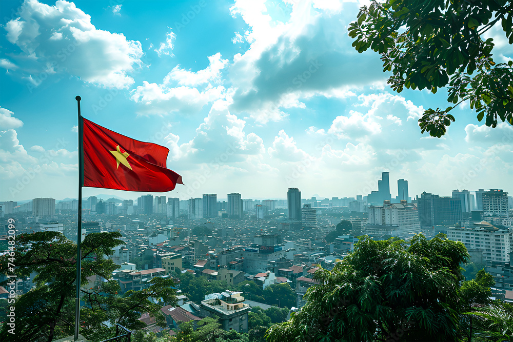Vietnam flag waving due to wind. Hanoi city in the background. Hanoi is ...