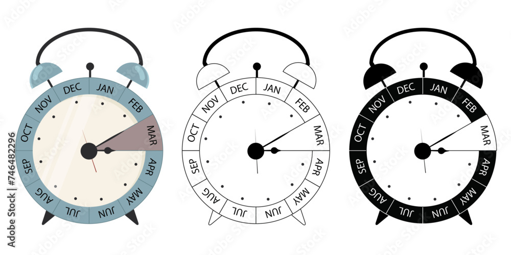 Set of 12-month alarm clocks with hands pointing to March. March ...