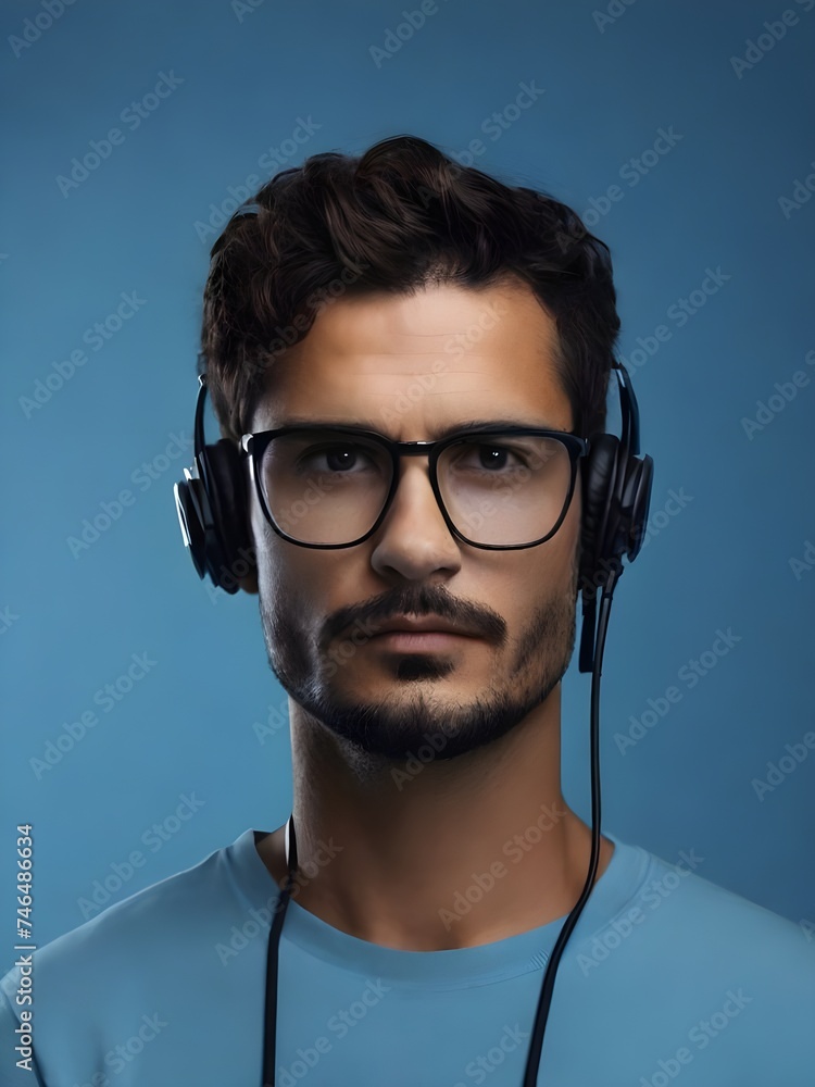 nice realistic man with headset on a solid blue background, with black ...