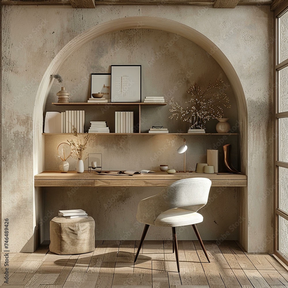 Render a tranquil study room with powder beige walls, equipped with a ...