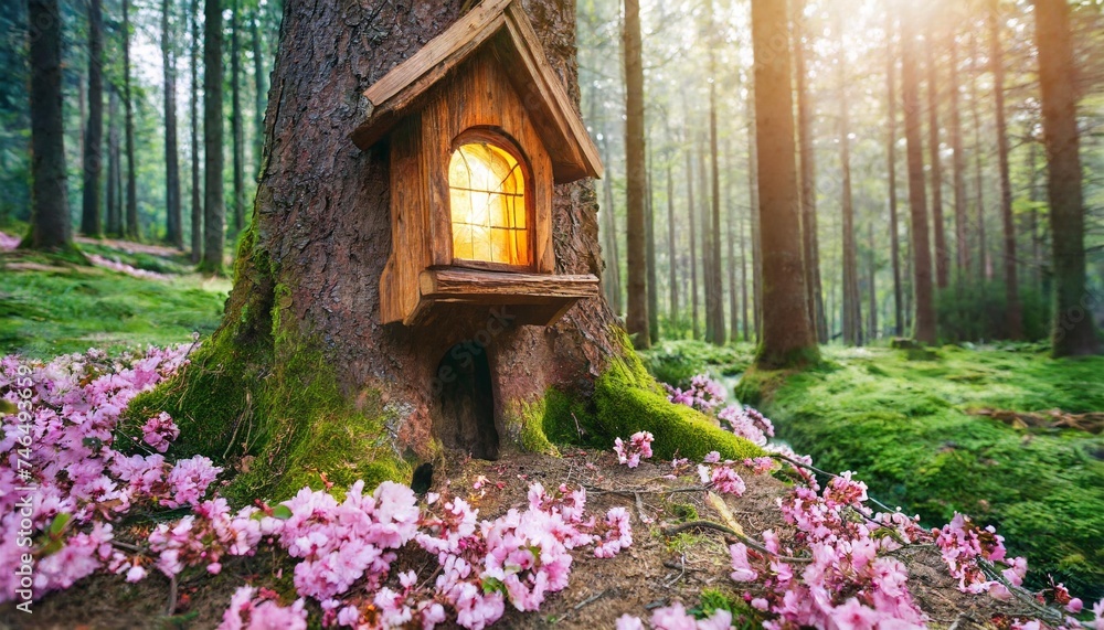 enchanted fairy tale forest with magical shining window in hollow of ...