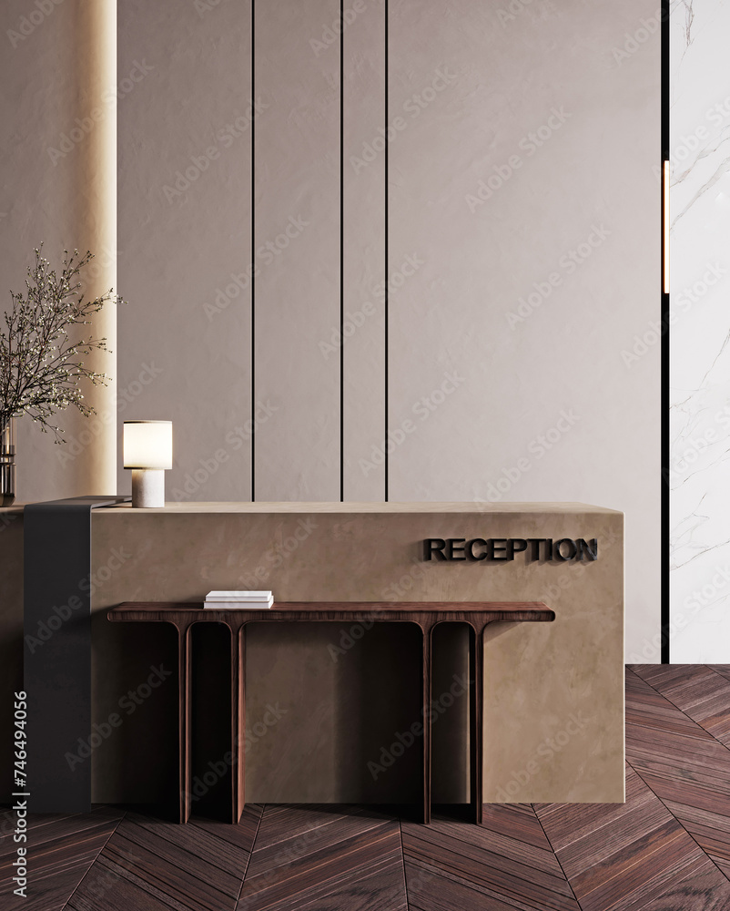 Stylish reception counter in modern room with light beige walls. Blank ...