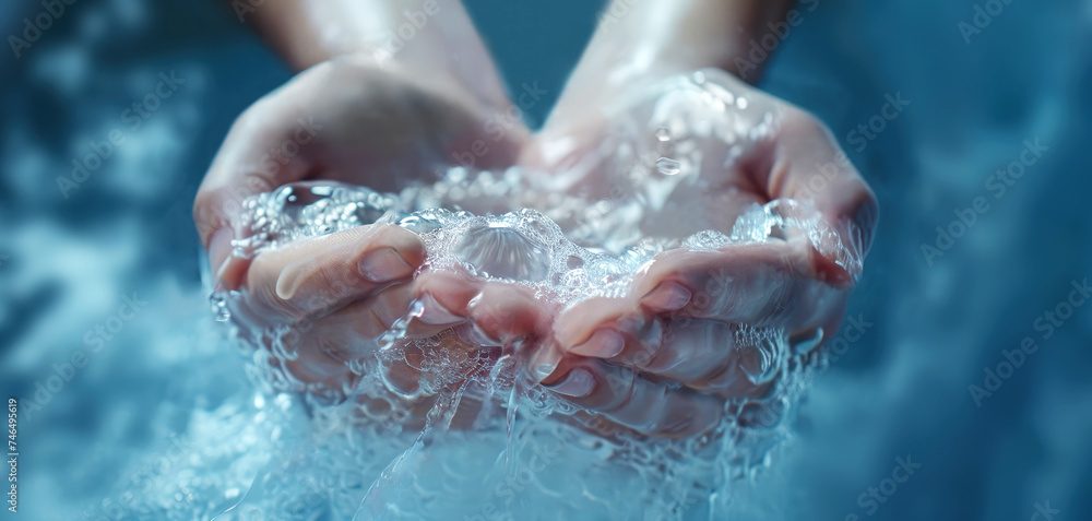 Two soapy hands with soap foam. Cleaning рands procedure. Washing hands ...