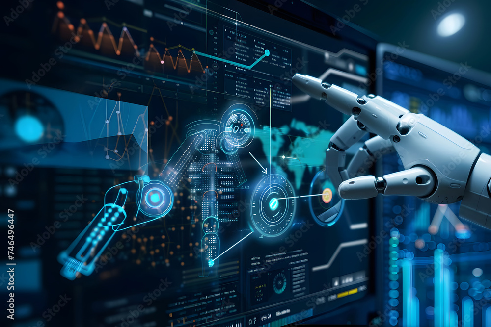 robotic hand on touch screen background with information and statistics ...