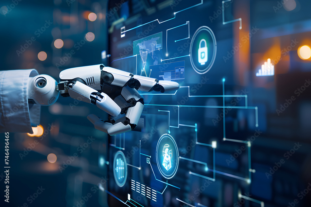 robotic hand on touch screen background with information and statistics ...