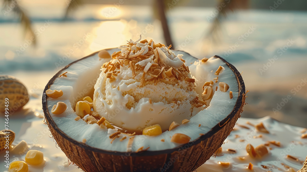 Thai Coconut flavored Ice Cream, known as I-Tim Kati, served in a fresh ...