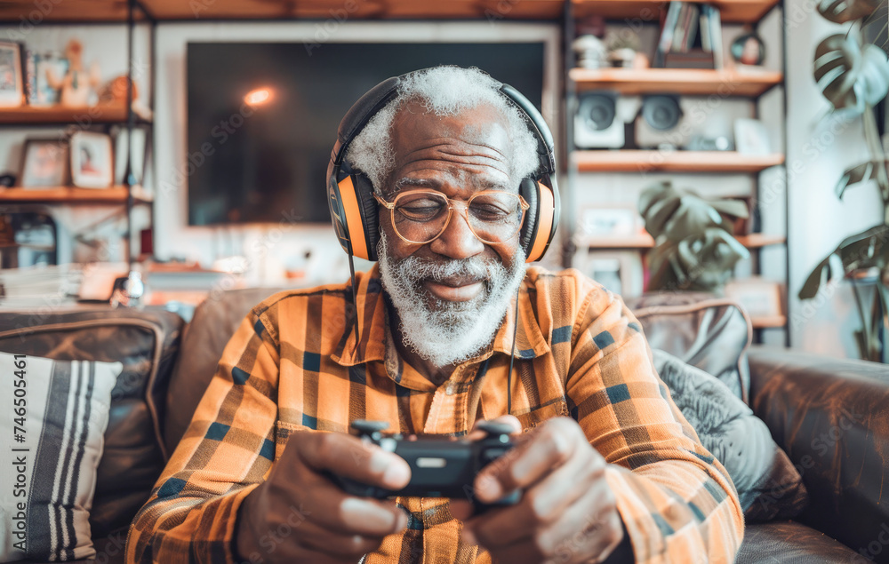 Portrait of a happy senior man playing video games. Elderly man with ...