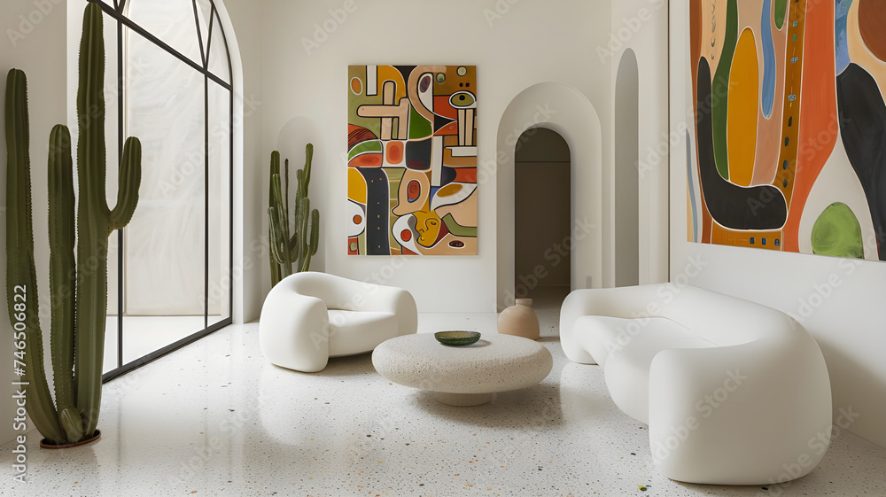 Minimalist interior with organic modernism curves, bold art, terrazzo ...