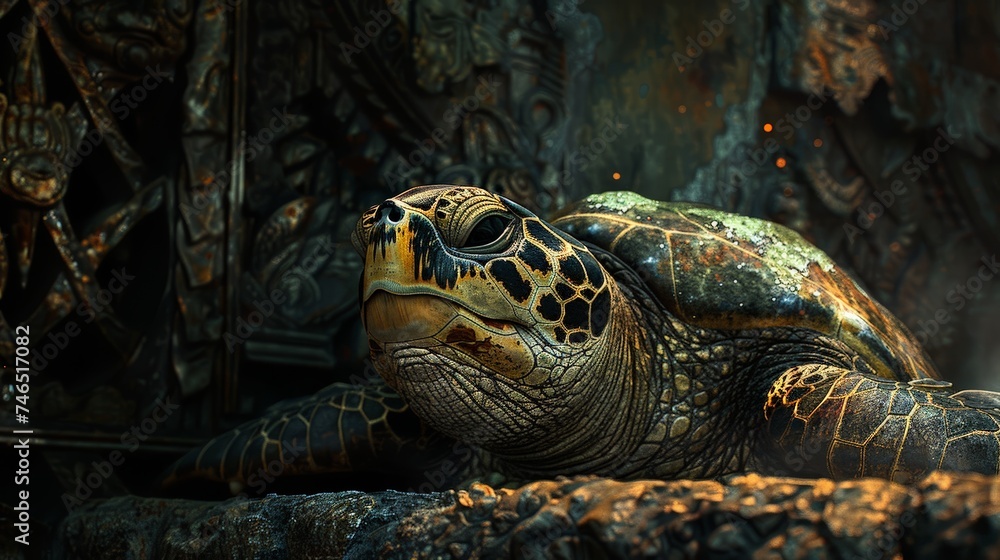 In a dimly lit corner of an ancient temple, a sea turtle's aged ...