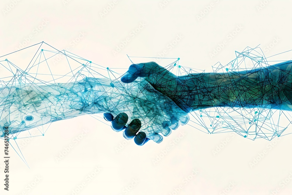Human shaking hands with an AI, Digital handshake on blue technology ...