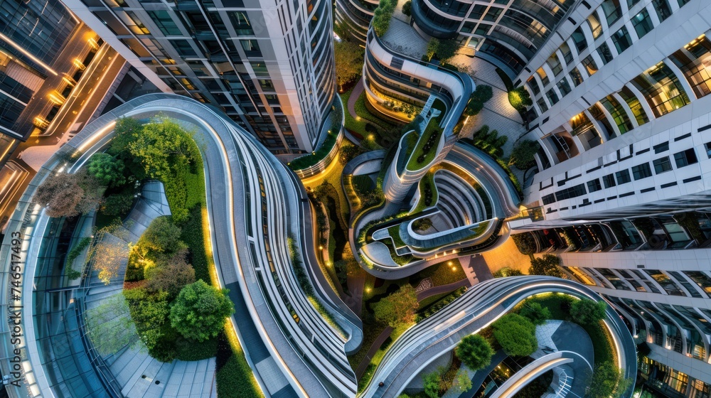 Multi-story buildings incorporate lush vegetation, purifying the air ...