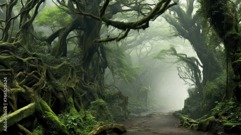 Enchanted forest with gnarled trees, twisting vines, and mysterious ...
