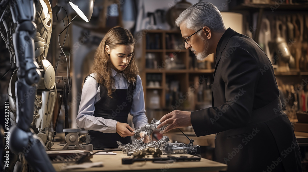 Chief female engineer and top male scientist work on a bionics ...
