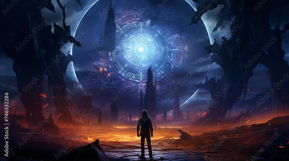 Space warlock a cosmic sword against a backdrop of a star-filled nebula ...