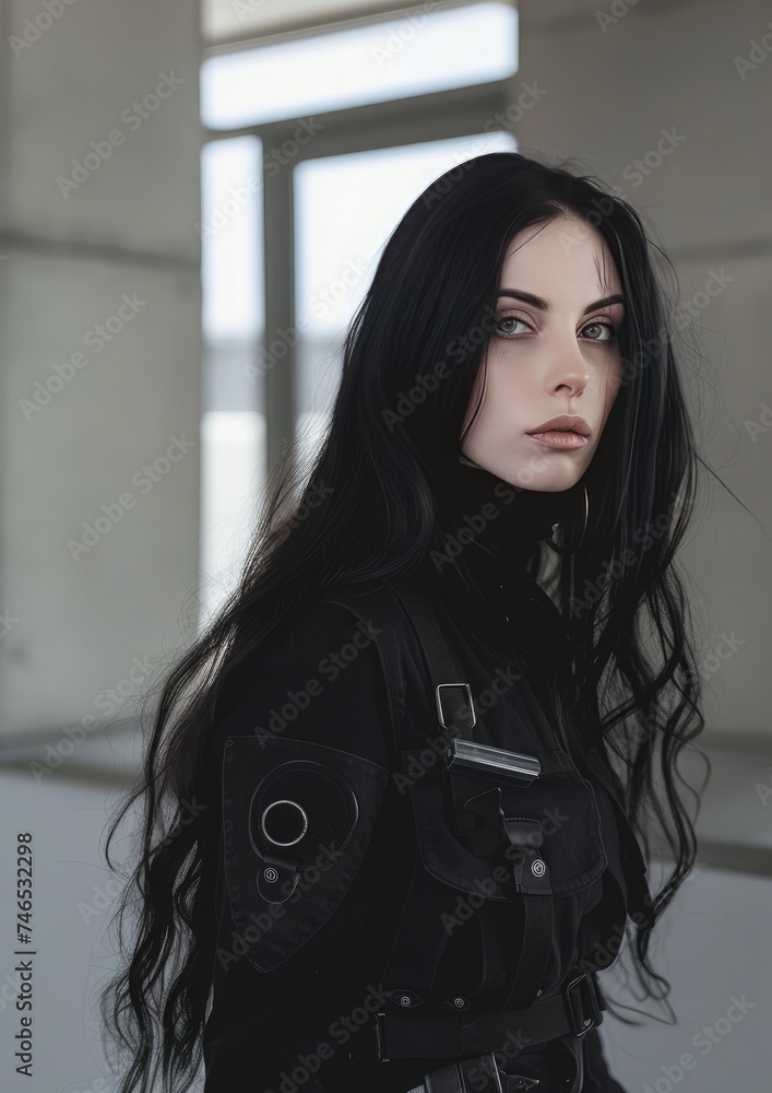 a goth woman in mid 30's, long black hair, a septum, endomorph body ...
