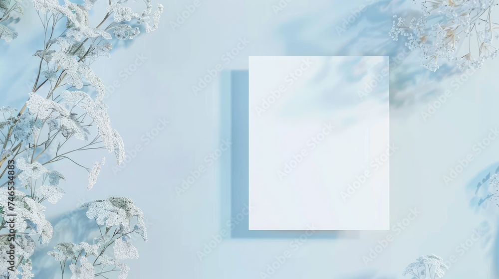 5x5 blank white card, flat minimalist mockup, light blue background ...