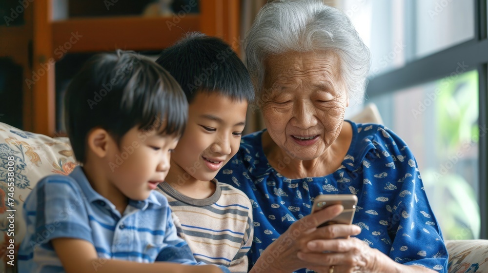 A family of three generations bonding over a smartphone. Fictional ...