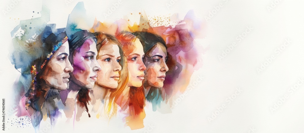 Watercolor brushstroke illustration of group of 5 women standing side ...