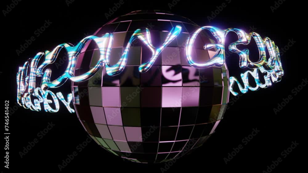 Abstract 3D groovy text signage turning around disco ball wavy metallic ...