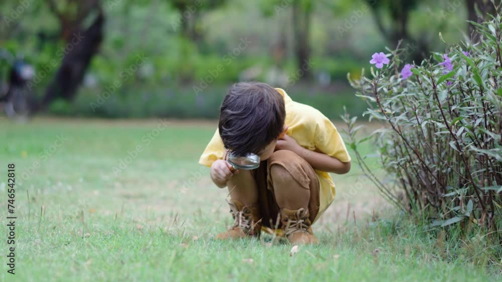 Mixed race little boy exploring the nature with magnifying glass ...