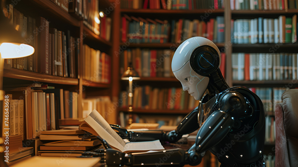 Foto de Humanoid robot studying in ibrary,A humanoid robot with ...