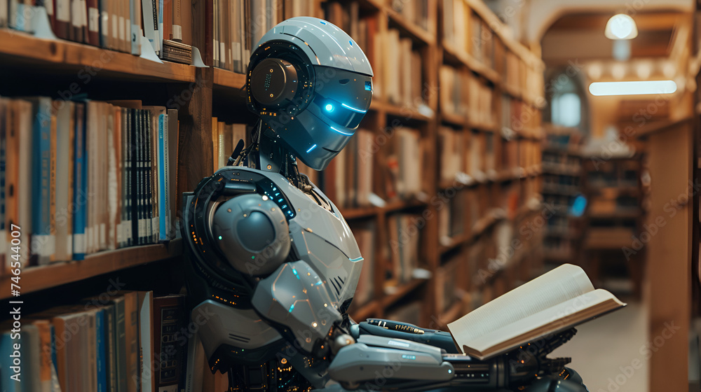 Humanoid robot studying in ibrary,A humanoid robot with expressive eyes ...