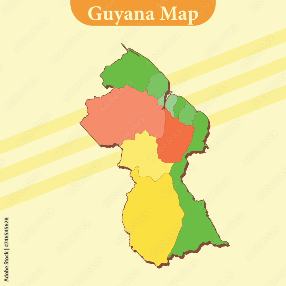 National map of Guyana map vector with regions and cities lines and ...