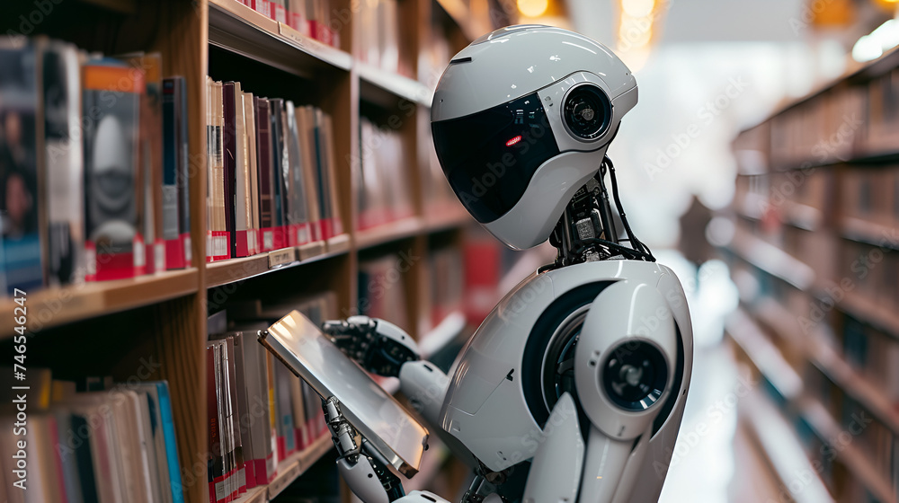 Humanoid robot studying in ibrary,A humanoid robot with expressive eyes ...
