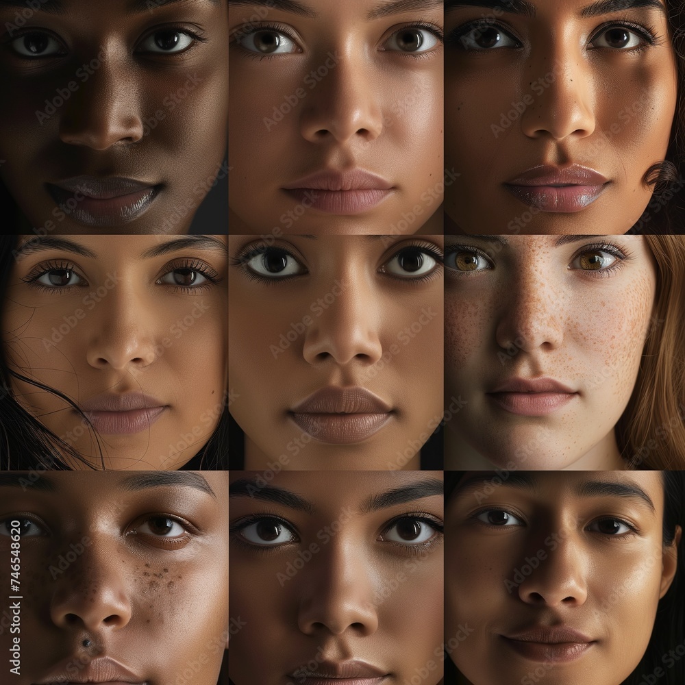 Closeup photographs of young women's faces of different origin and skin ...