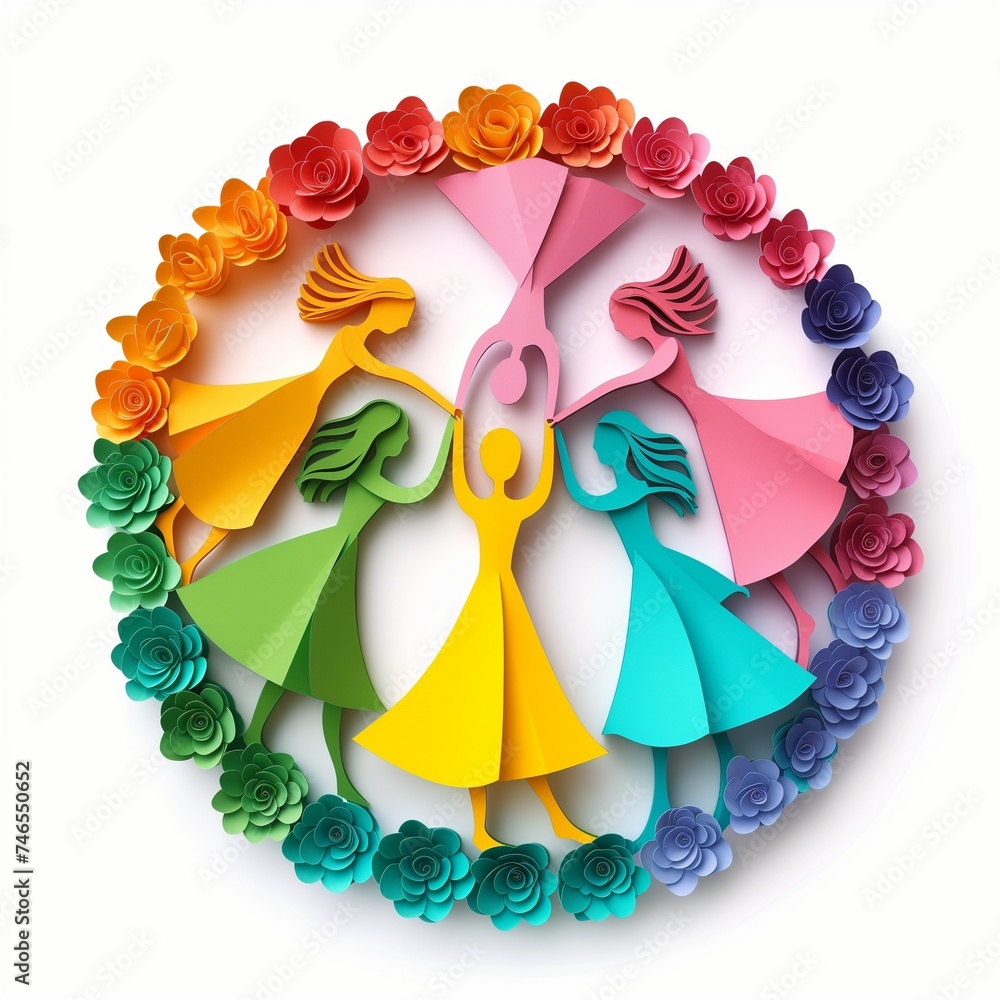 Colorful background with flowers and women dancing and uniting in a ...