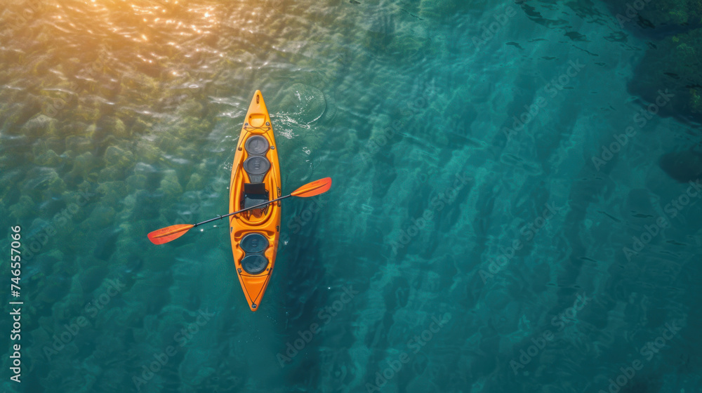 Aerial View of Solo Kayaker on Clear Blue Waters. a lone kayak ...